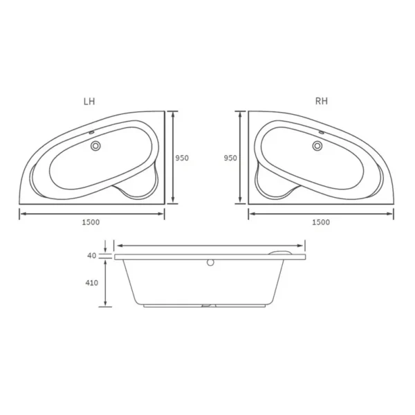 Eco Bathrooms Cervida 1500x950x600mm 0TH Offset Corner Bath with Legs ...